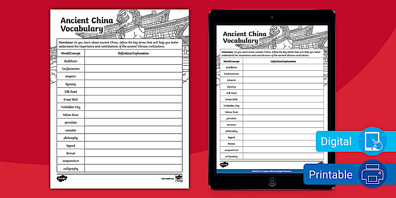Sixth Grade Ancient China Vocabulary Worksheet - Twinkl