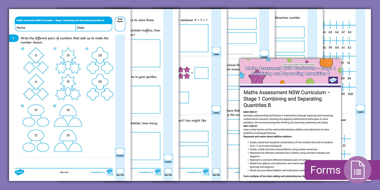 Maths Assessment NSW Curriculum – Stage 1 Combining and separating ...