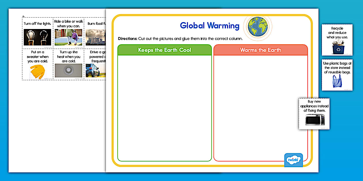 Global Warming Sorting Worksheet for K-2nd Grade - Twinkl