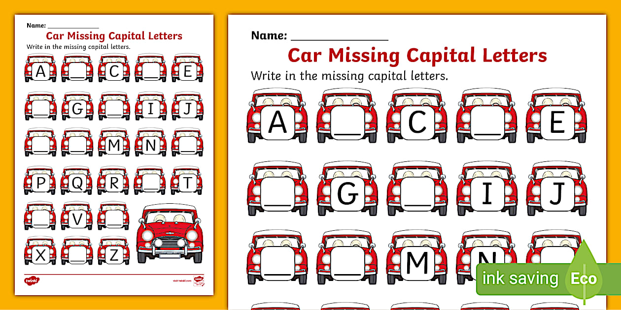 Car Missing Capital Letters Worksheet | Twinkl | KS1