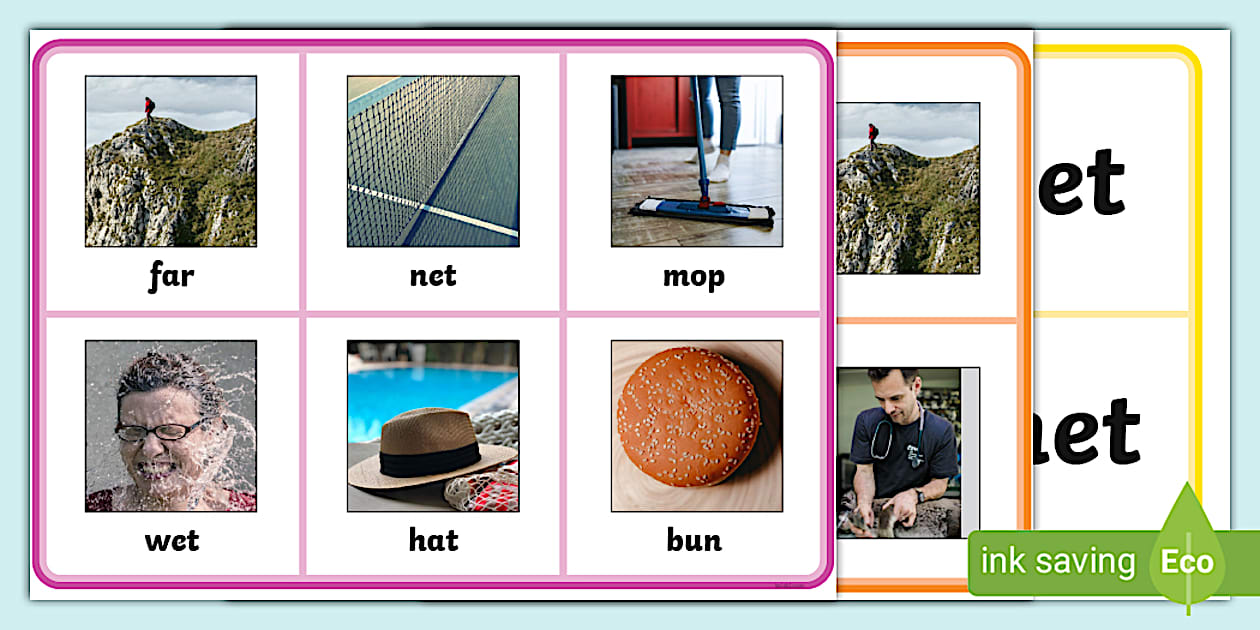 Rhyming Words Photo Bingo (at, in, ig, un, op, et) - Twinkl