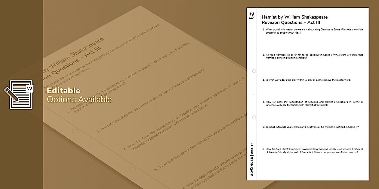 Hamlet Revision: Act III Revision Questions (teacher made)