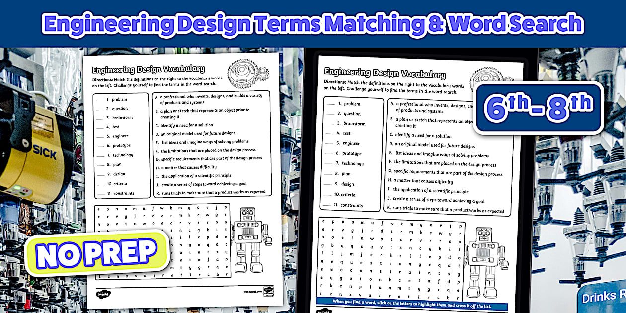 Engineering Design Vocabulary Matching Quiz and Word Search