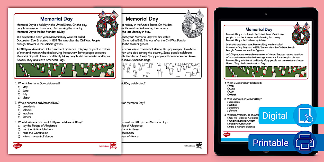 Second Grade Memorial Day Reading Passage Comprehension Worksheet