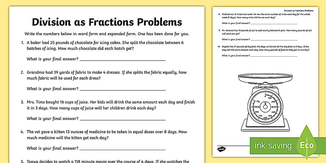 Dividing Fractions Word Problems Worksheet | Twinkl USA