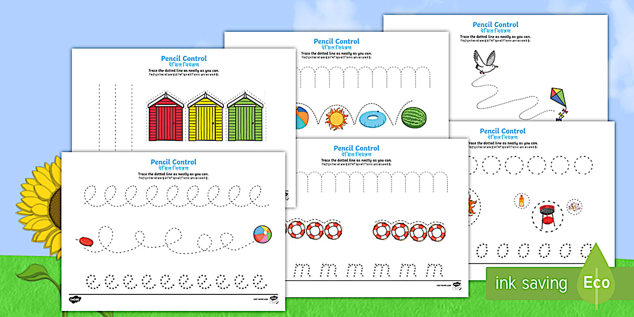 Black and White Summer Pencil Control Sheets English/Hindi