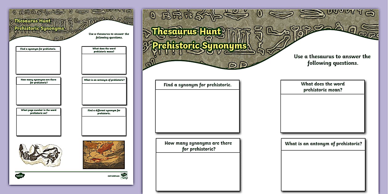Prehistoric Synonyms Thesaurus Hunt Worksheet (teacher made)