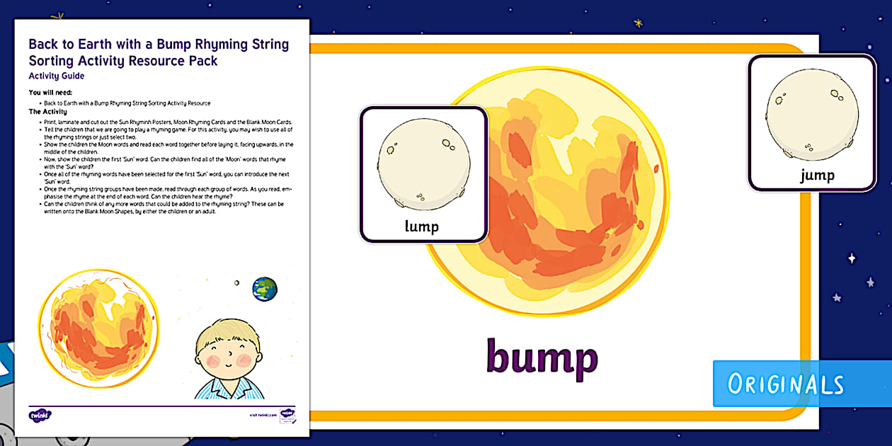 Back to Earth with a Bump Rhyming String Sorting Activity Resource Pack