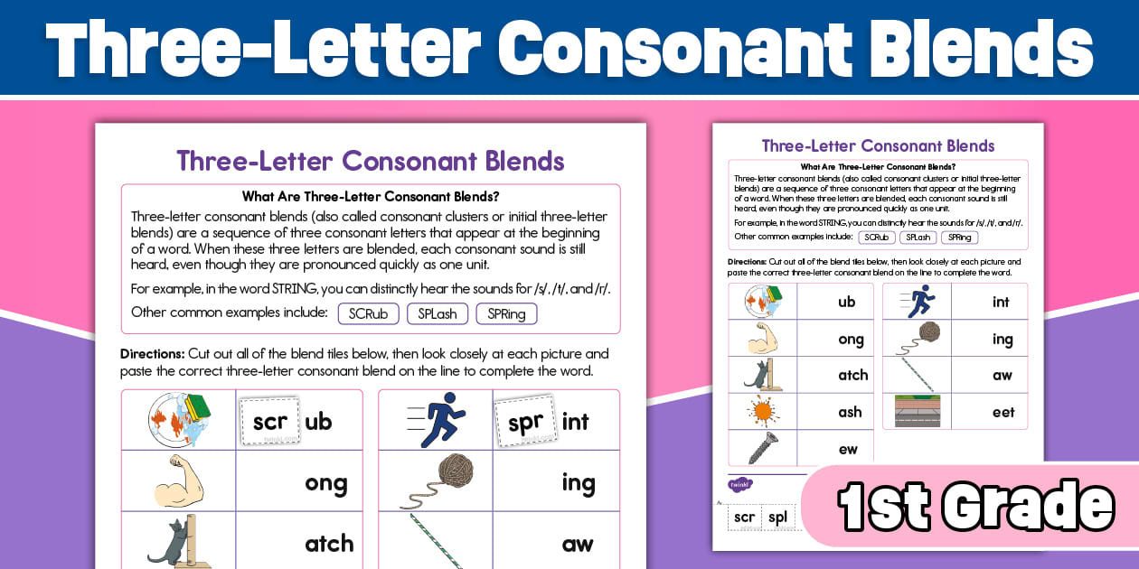 First Grade Three Consonants Blends Cut & Paste Worksheet