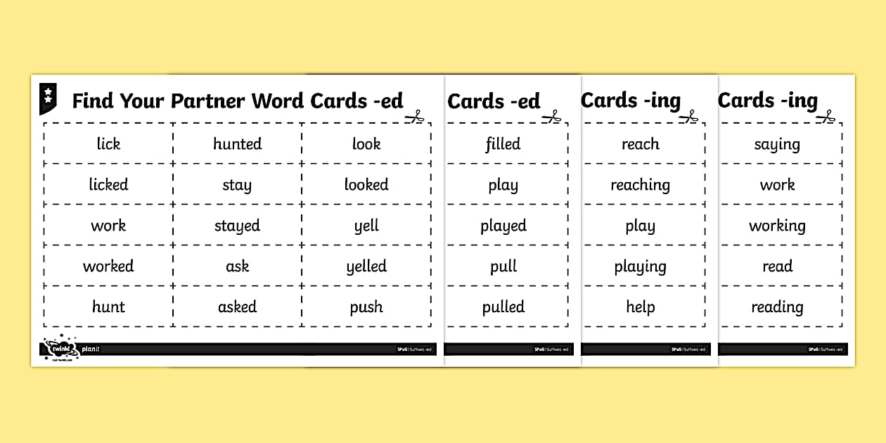 Find Your Partner Word Cards -ed and -ing Suffixes - Twinkl