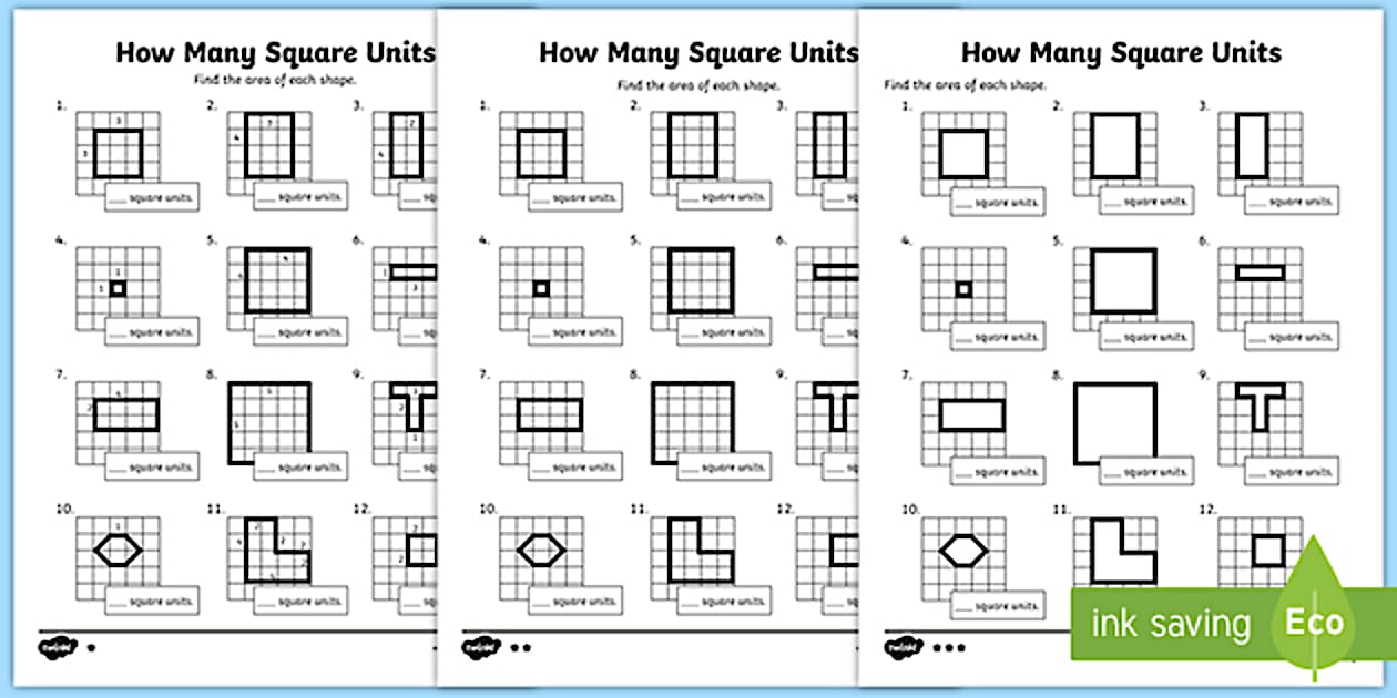 Find the Area: Counting Square Units Worksheet for 3rd-5th Grade