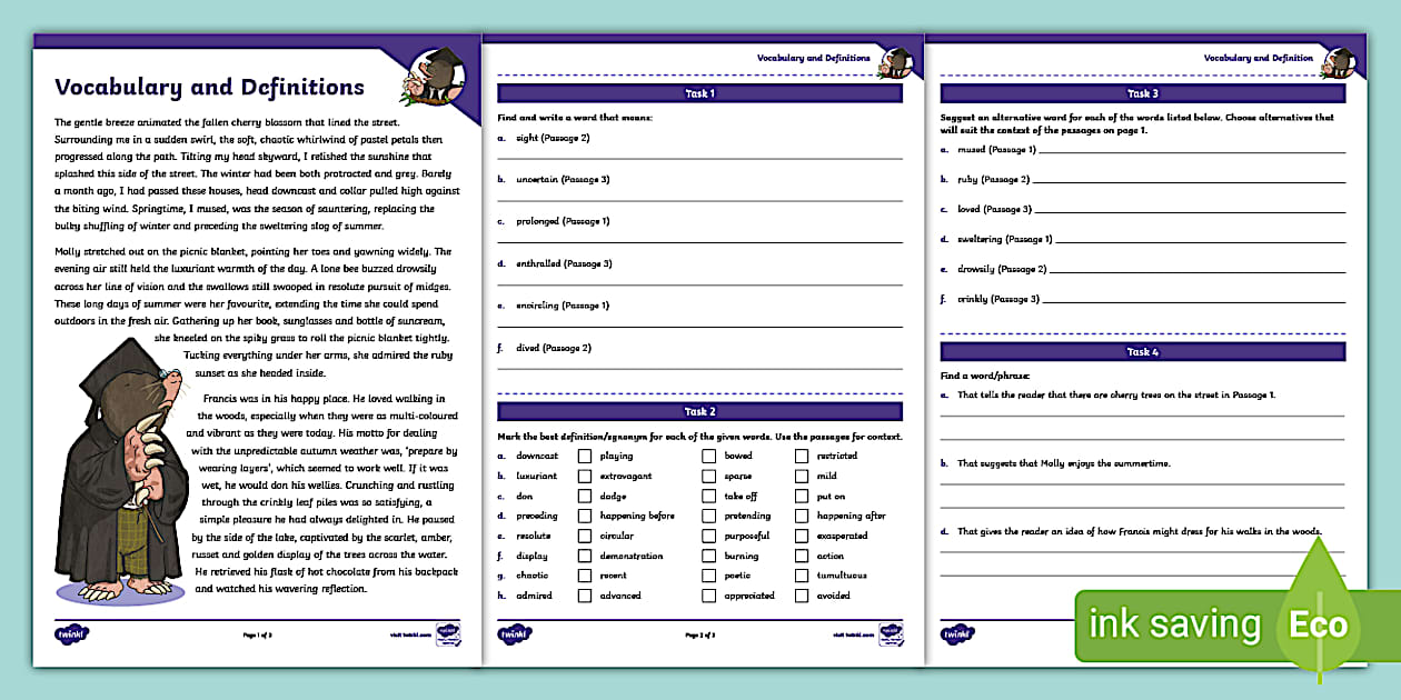 Vocabulary and Definitions Set F Activity Sheets - Twinkl