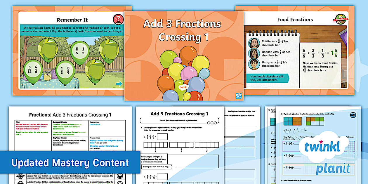 Y5 Add 3 Fractions Crossing 1 PlanIt Maths Lesson 4 - Twinkl