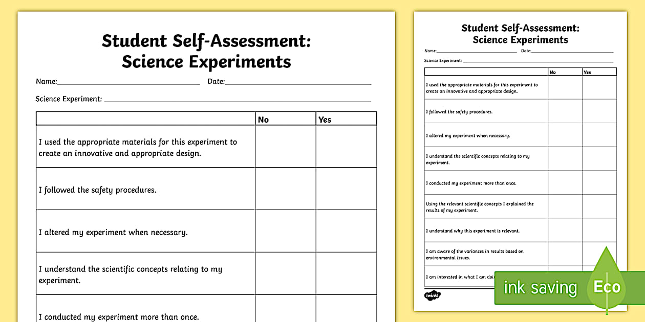 Student Self-Assessment: Science Experiment Worksheet / Worksheet