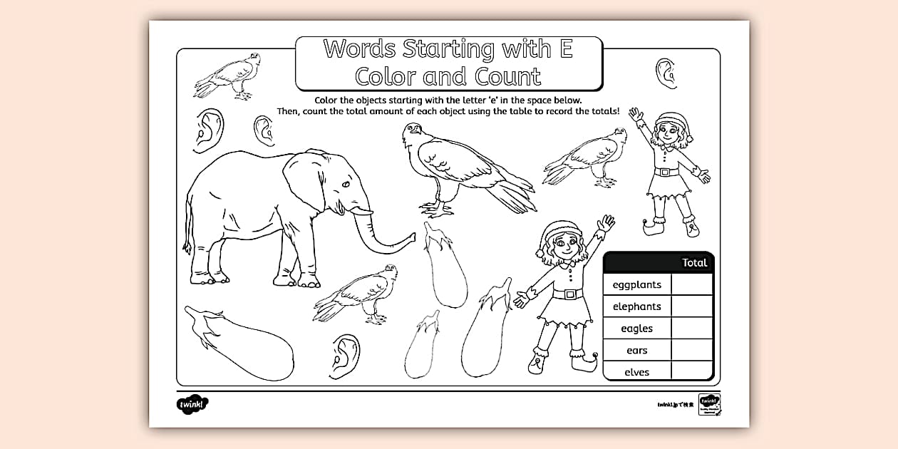 Words Starting with E Color and Count Worksheet - Twinkl