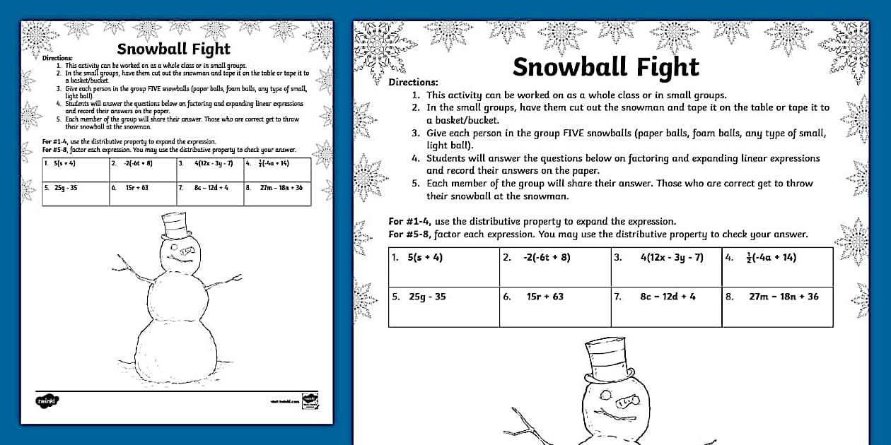 Seventh Grade Factoring and Expanding Linear Expressions Snowball Fight ...