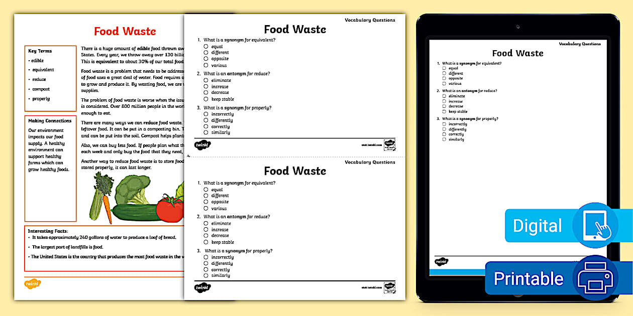 Third Grade Food Waste Fact File and Vocabulary Questions