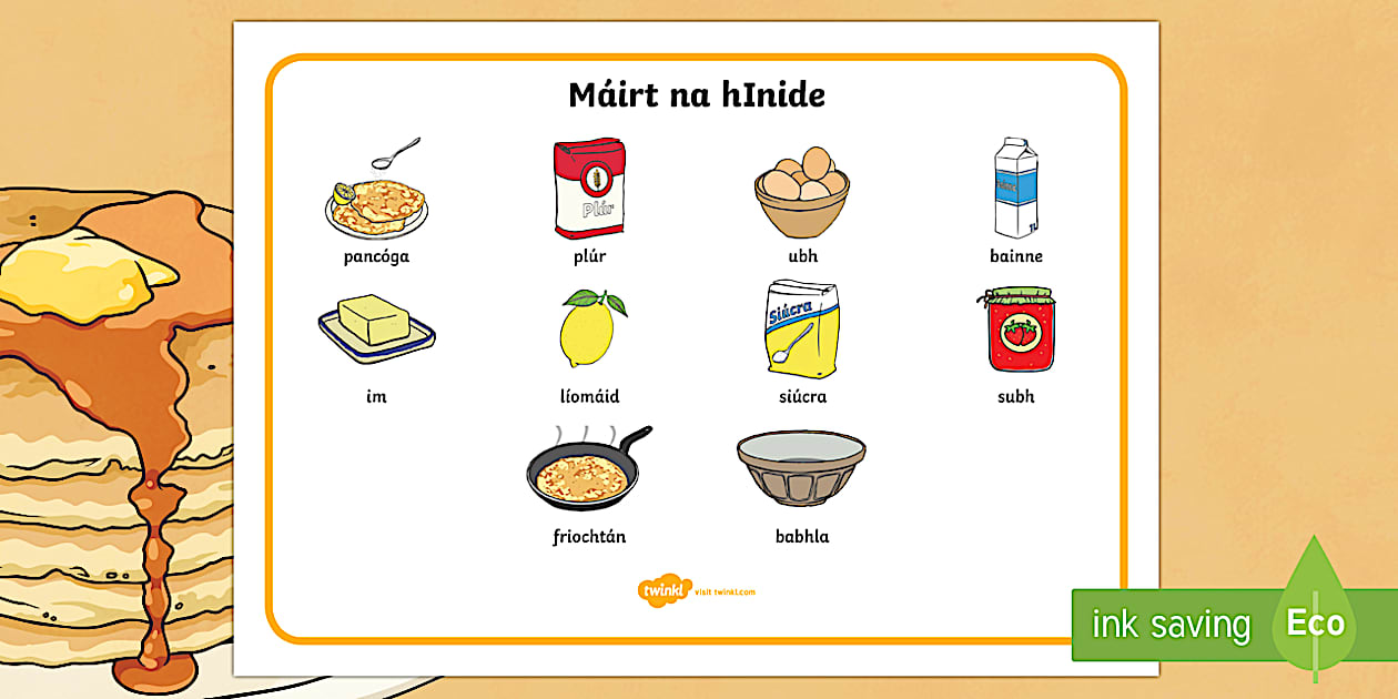 Pancake Tuesday Word Mat Gaeilge (teacher made) - Twinkl