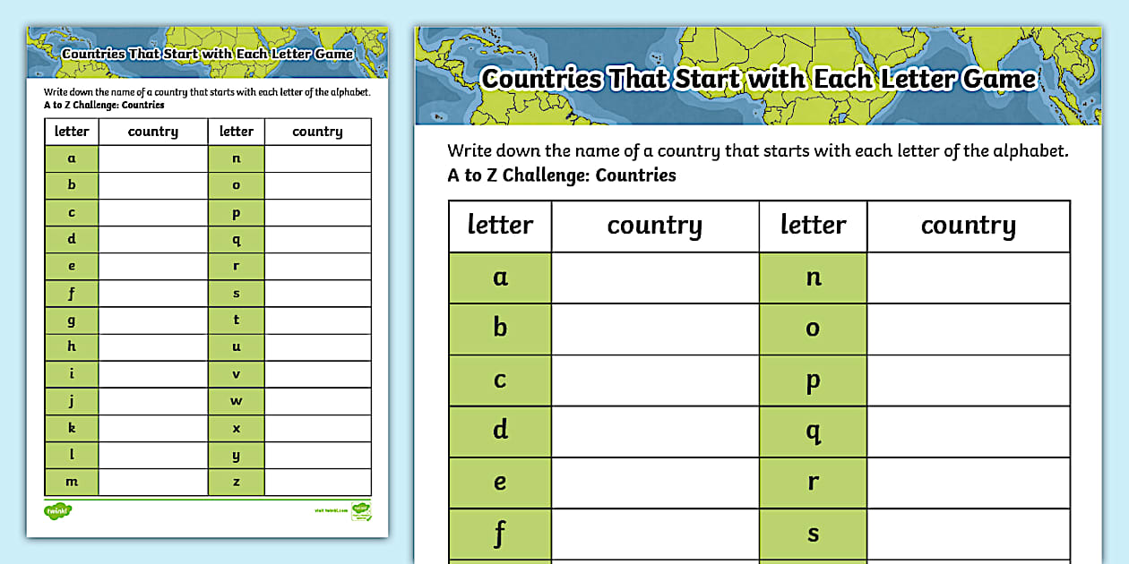 Countries That Start with Each Letter Game Worksheet