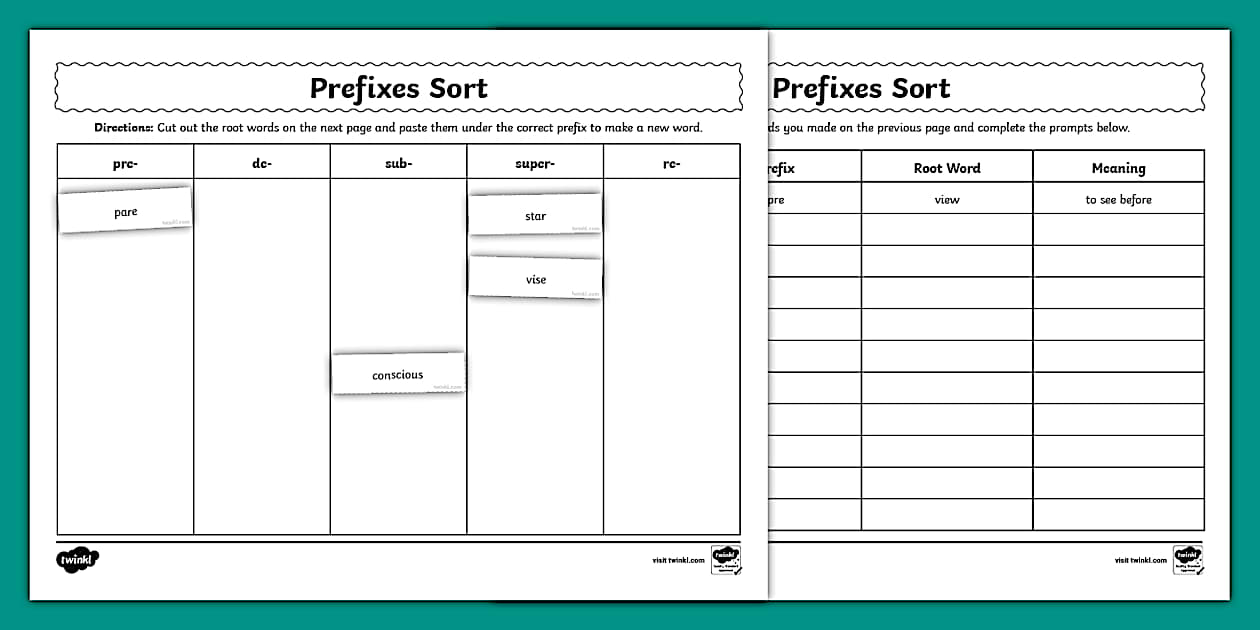 Prefixes Sort Cut and Paste Worksheet for 3rd-5th Grade