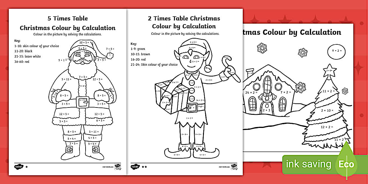 5 Times Table Christmas Colour by Calculation Worksheets