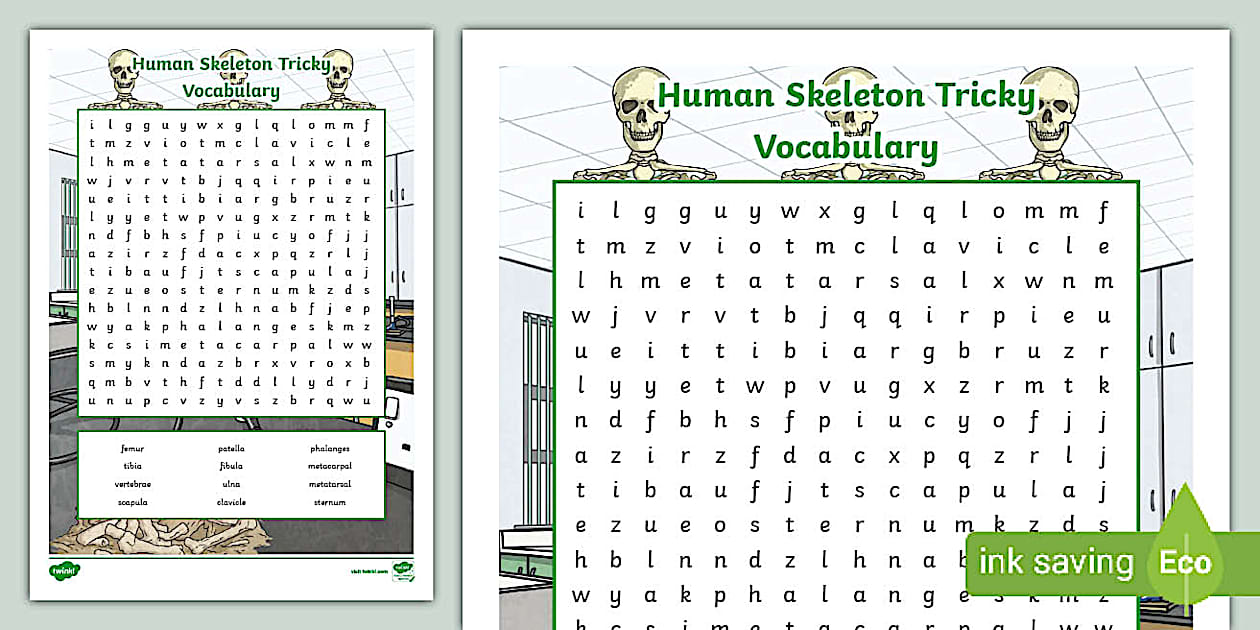 Human Skeleton Tricky Vocabulary Word Search (teacher made)