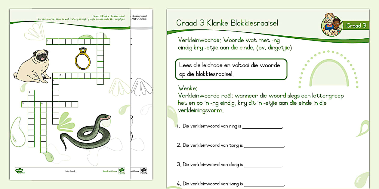 Graad 3 Klanke Blokkiesraaisel Verkleinwoorde bv. Dingetjie