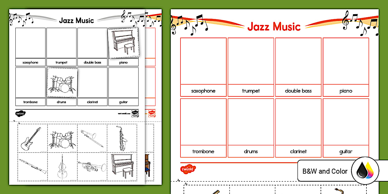 Jazz Music Cut and Paste Worksheet for K-2nd Grade - Twinkl