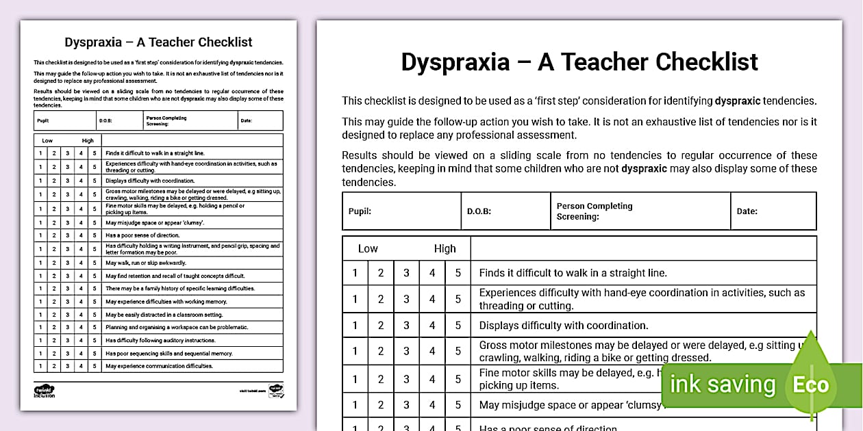 Children’s Dyspraxia Checklist (teacher made) - Twinkl
