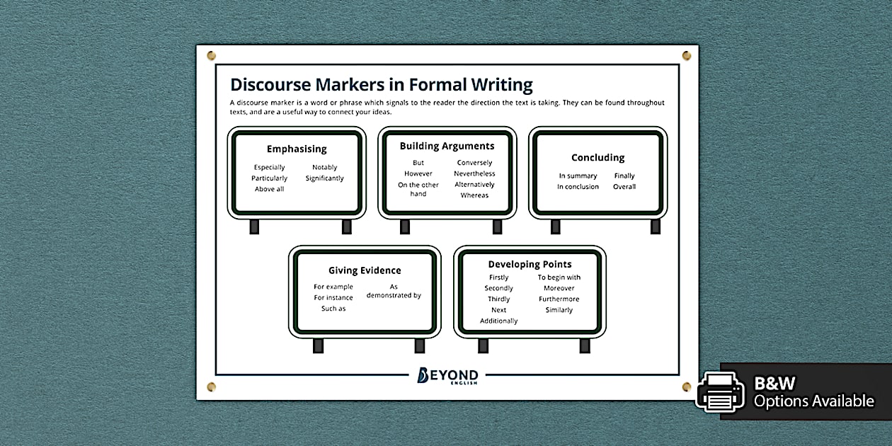 Discourse Markers in Formal Writing Display Poster - Twinkl