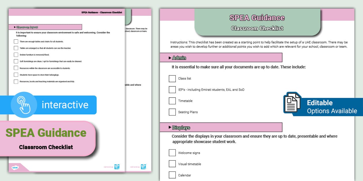 SPEA Guidance - Classroom Checklist (Teacher-Made) - Twinkl