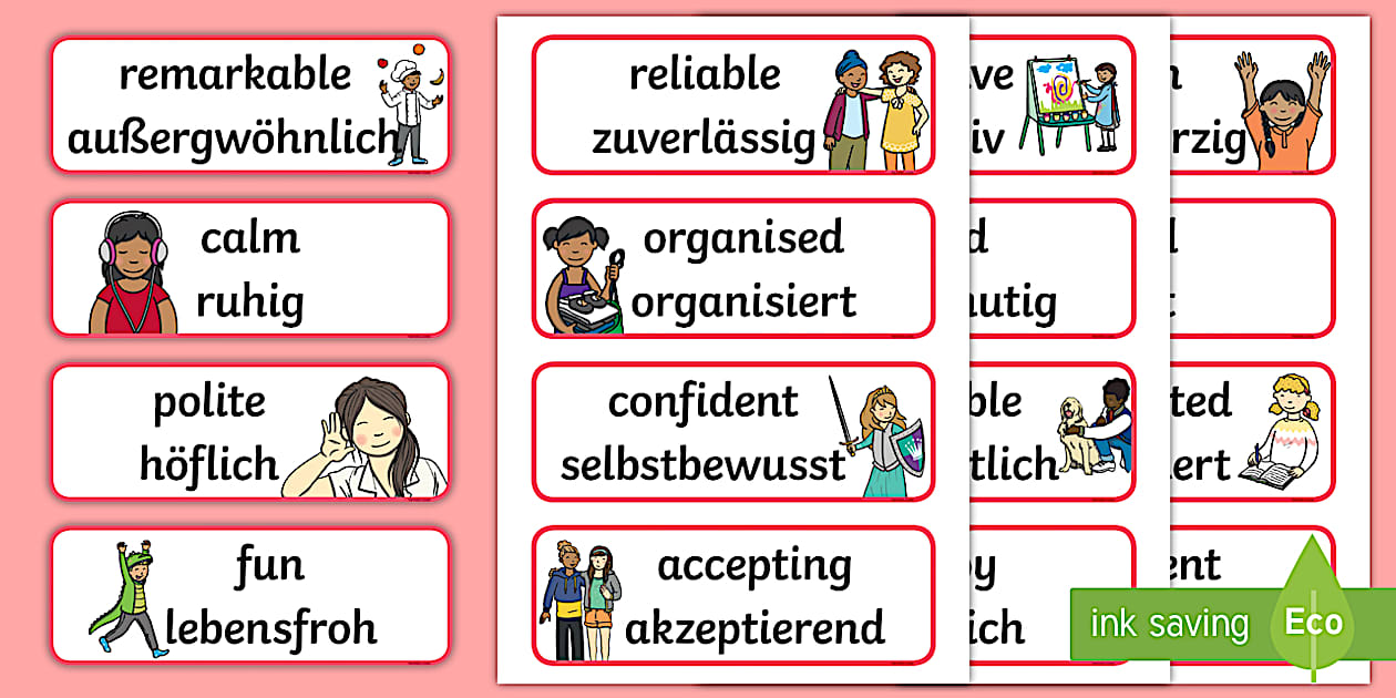Editable Inspirational Adjective Word Cards English/German