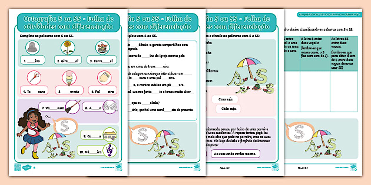 Ortografia S ou SS - Folha de atividades com diferenciação Ortografia S ou SS - Folha de atividades com diferenciação