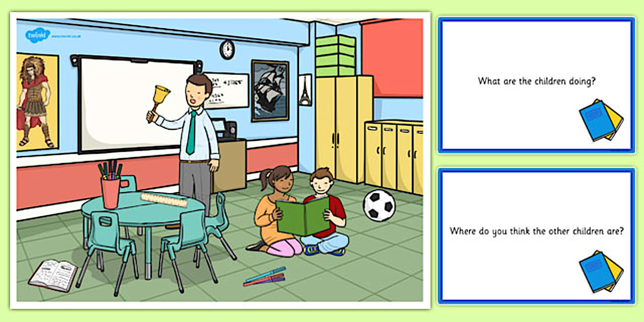 School Scene and Question Cards (Teacher-Made) - Twinkl