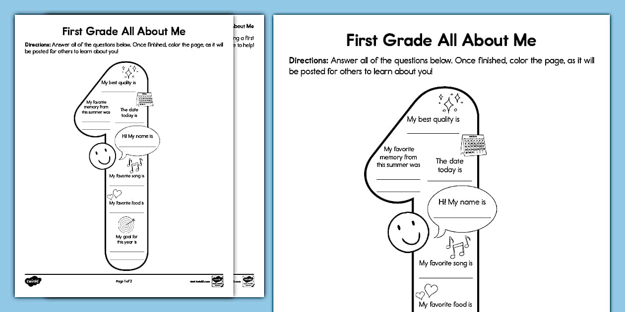 First Grade All About Me Worksheet and Writing Prompt