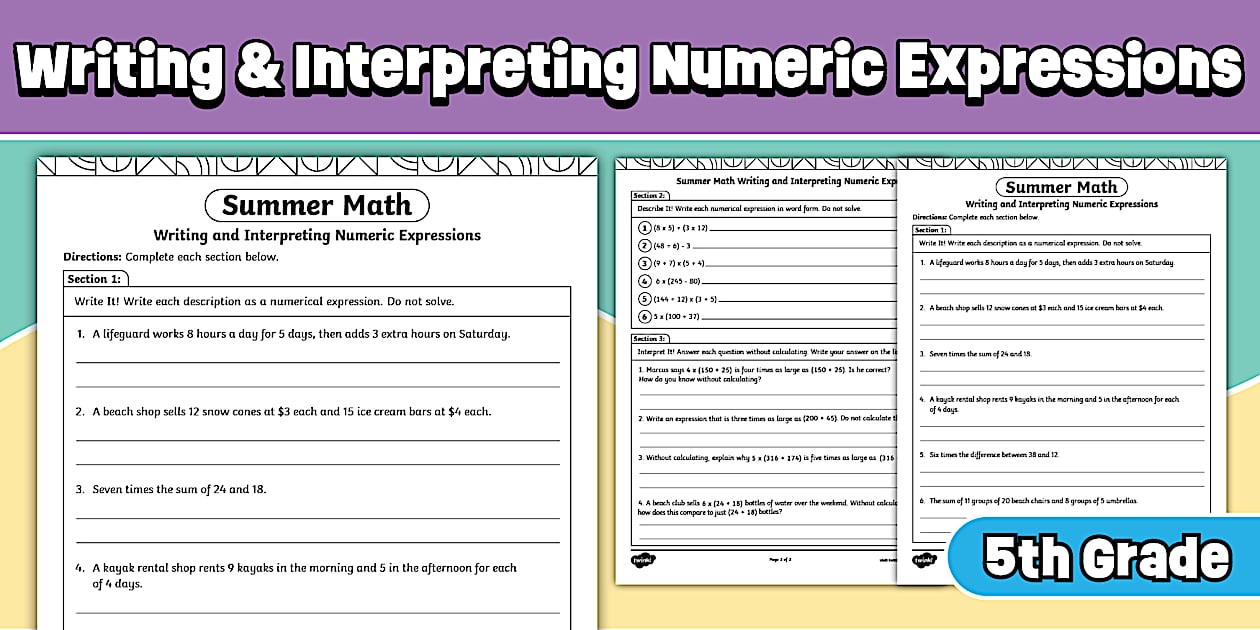 Math Writing and Interpreting Numeric Expressions Worksheet
