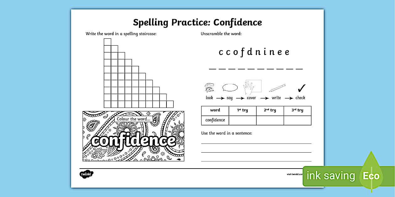 Confidence Spelling Practice Worksheet (Lehrer gemacht)