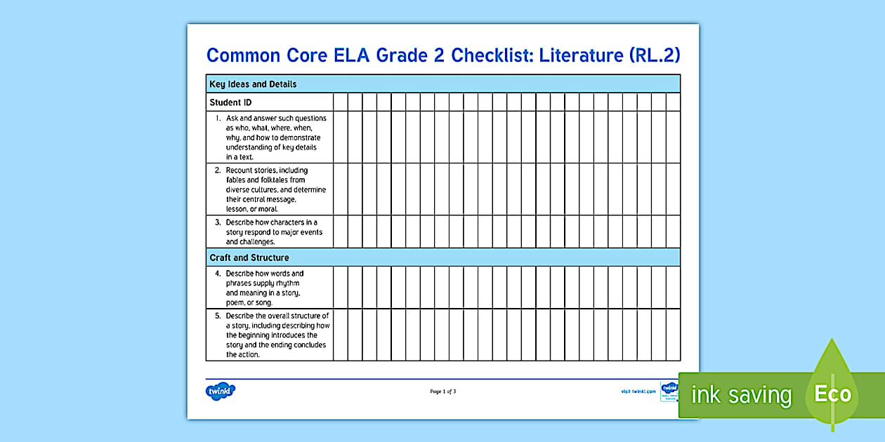 Common Core ELA Second Grade Standards Student Mastery Checklist
