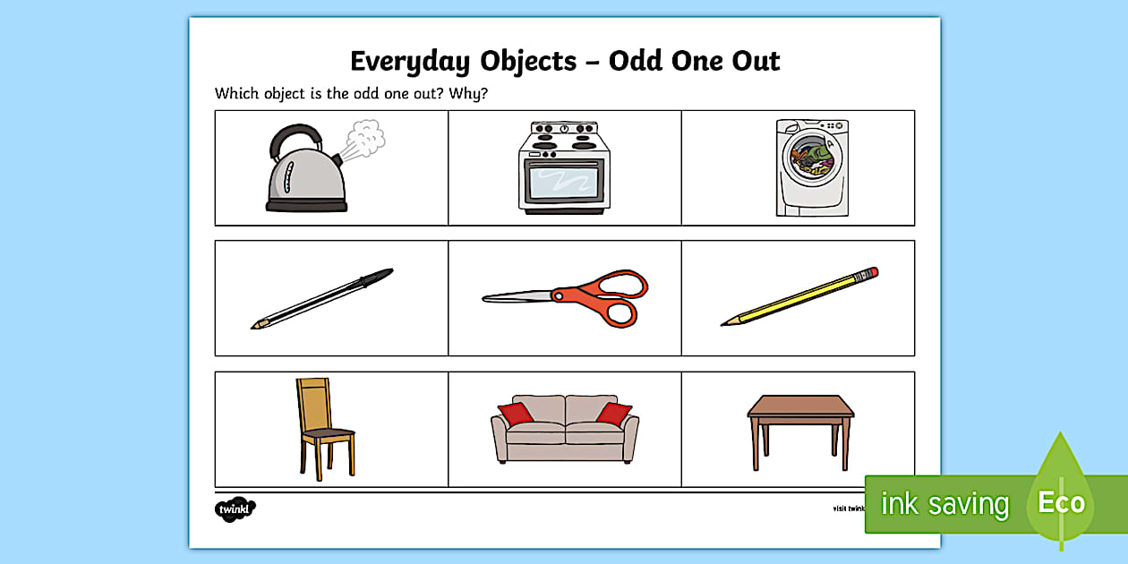 Black and White Everyday Objects Odd One Out Worksheet