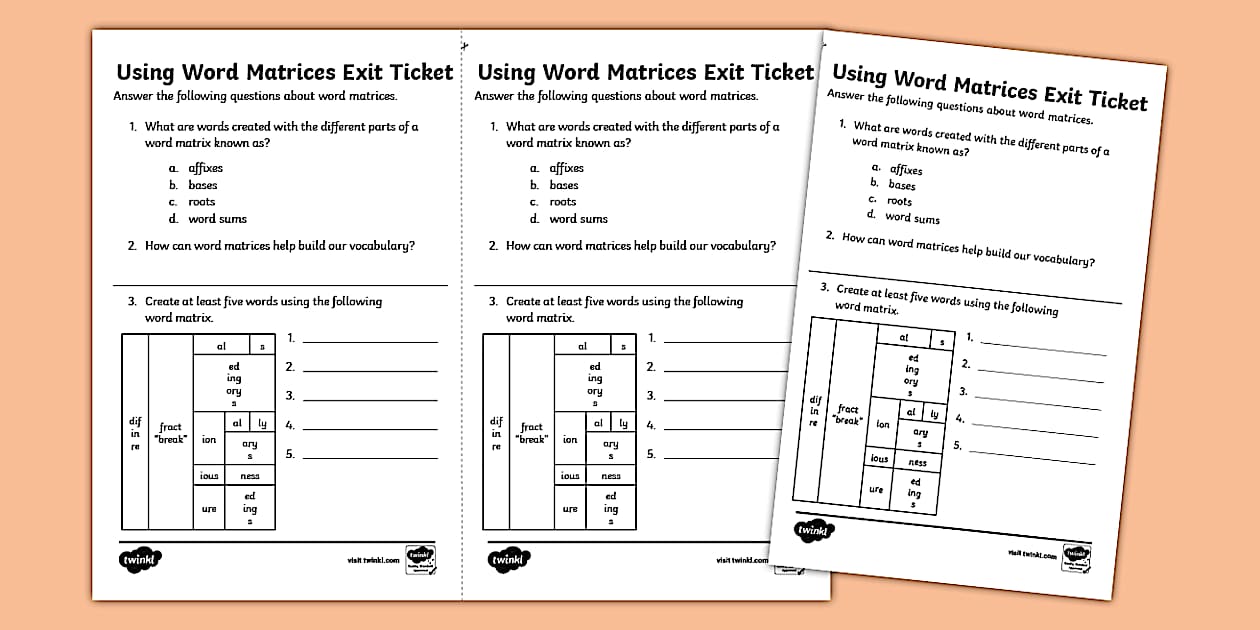 Sixth Grade Using Word Matrices Exit Ticket (Teacher-Made)