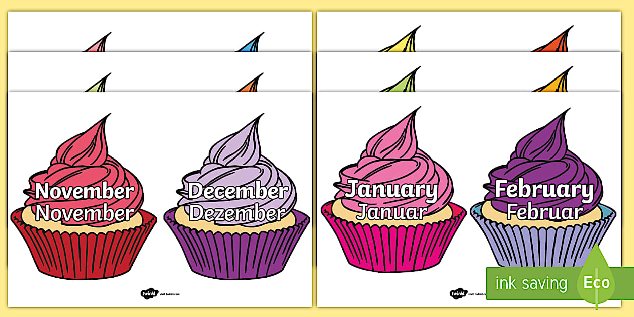 Months of the Year on Cupcakes English/German (teacher made)