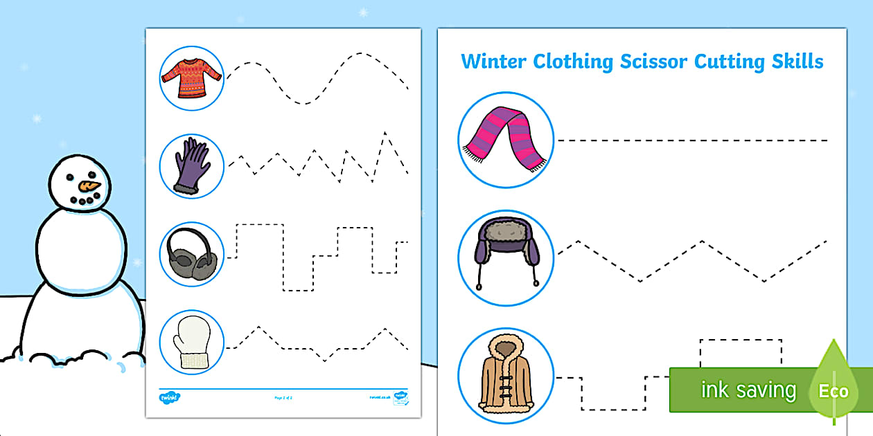 Black and White Winter Clothing Cutting Skills Worksheet