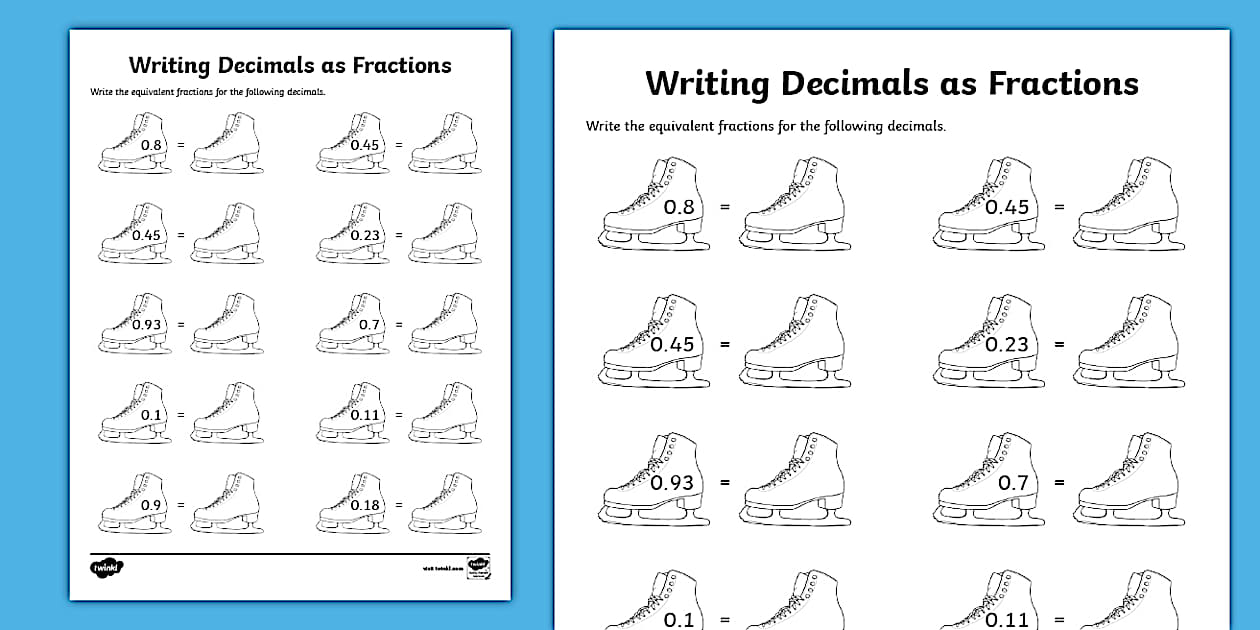 Fourth Grade Writing Decimals as Fractions Winter Activity Worksheet