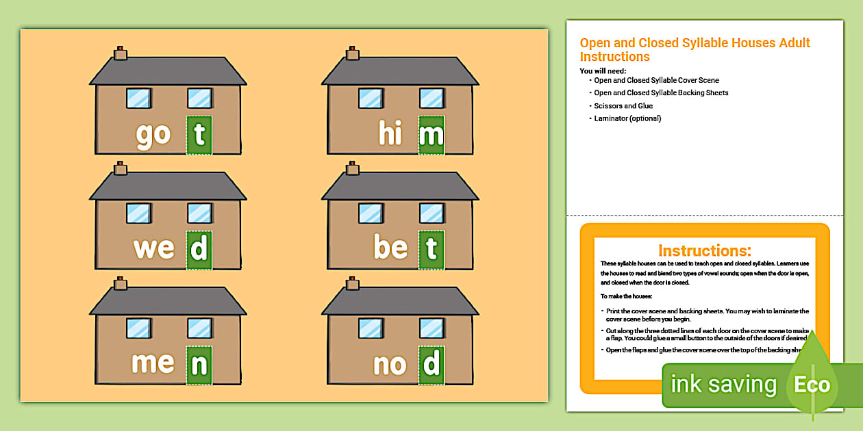 Open and Closed Syllable Houses (teacher made) - Twinkl