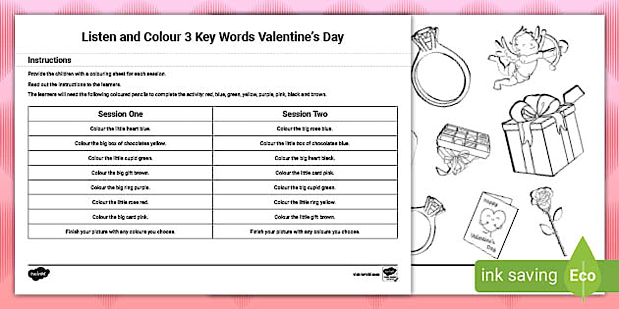 Listen and Colour 3 Key Words Valentine's Day KS1 - Twinkl