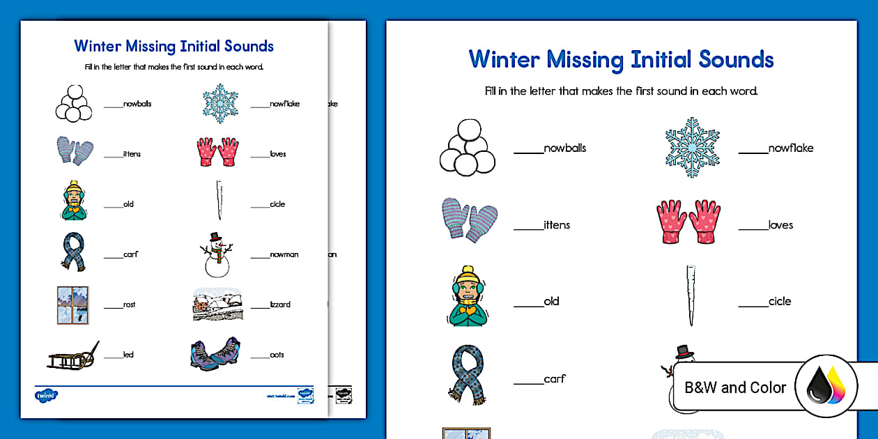 Winter Initial Sounds Worksheet for K-1st Grade - Twinkl