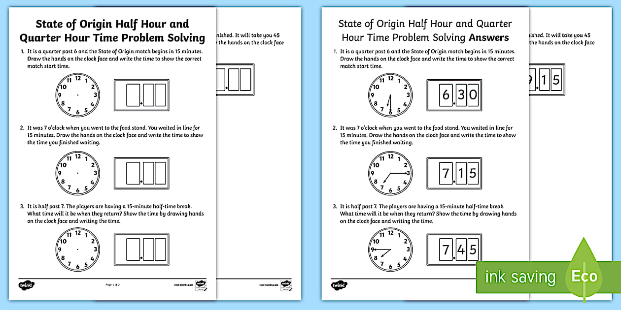 TAS State of Origin Half Hour and Quarter Hour Time Problem Solving ...