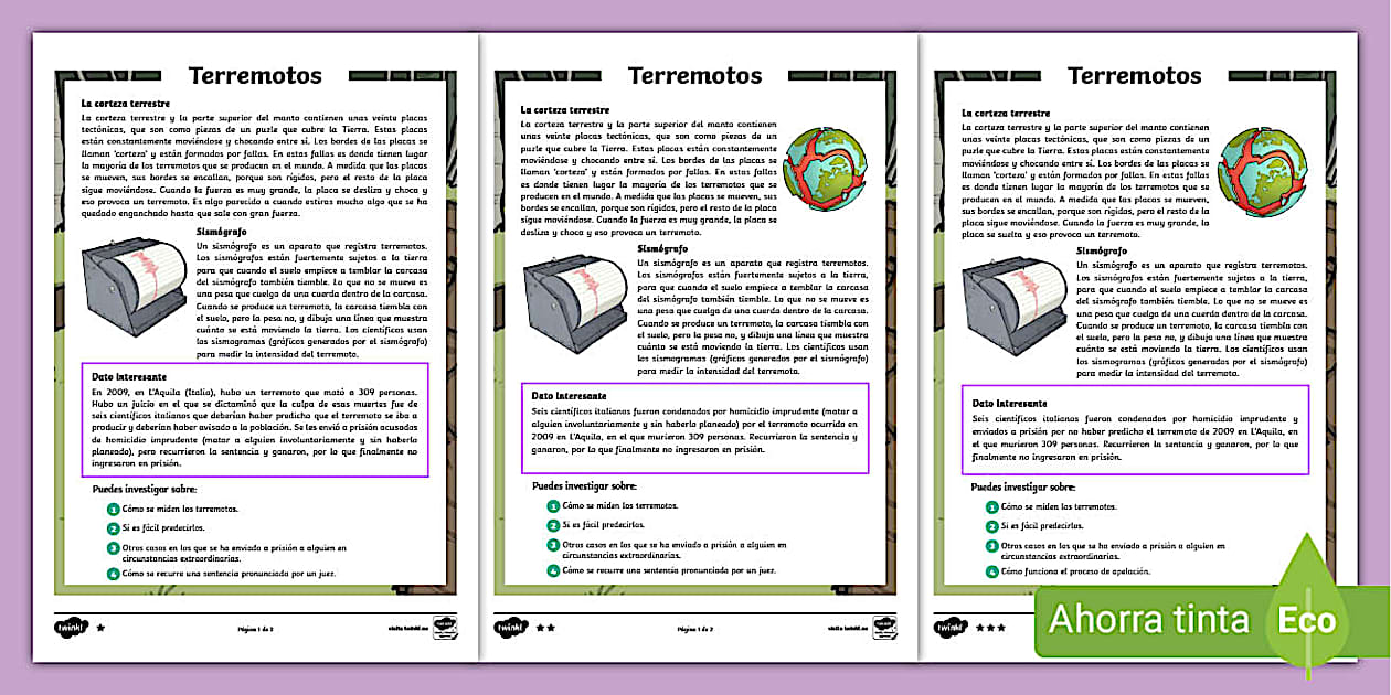 Comprensión lectora por niveles: Terremotos - Twinkl