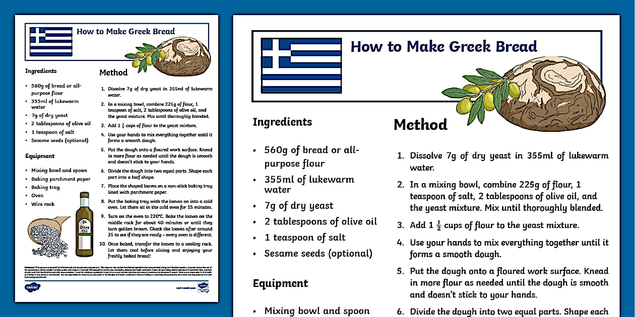 Greek Bread Recipe Sheet (teacher made) - Twinkl