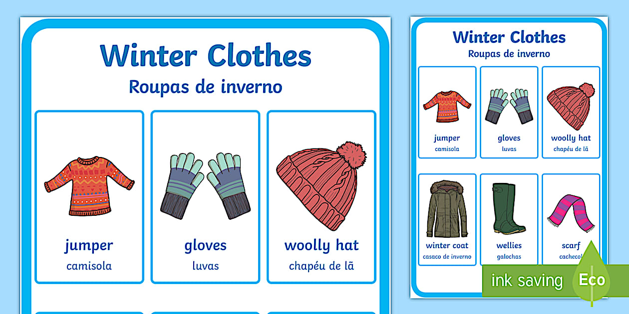 EAL Winter Clothes Vocabulary Poster English/Portuguese
